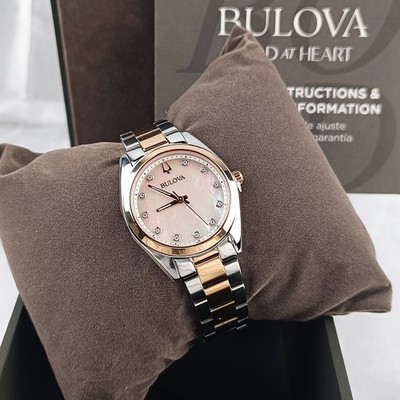 Bulova Surveyor 98P207 Diamond White Dial Rose Gold Band Women's Quartz ...