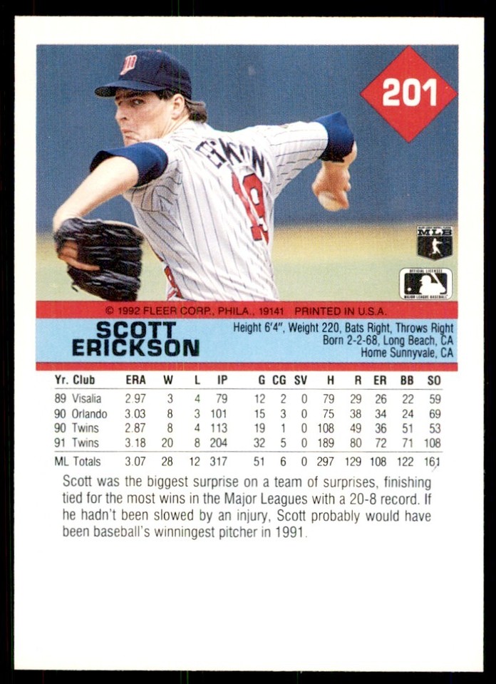 1992 Fleer Scott Erickson Baseball Cards #201 | eBay