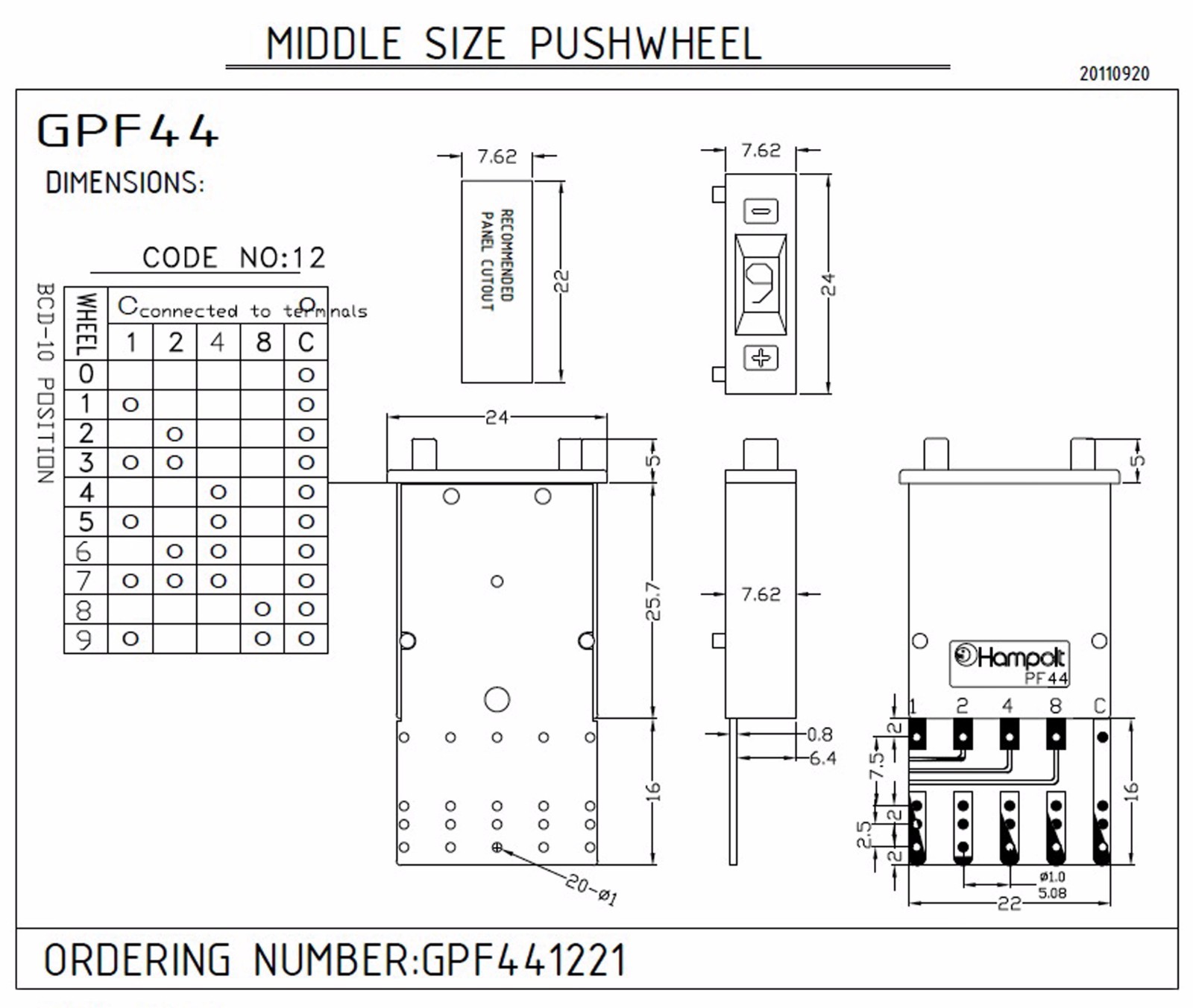 1pc Pushwheel BCD Switch Hampolt PF44 0~9 Scale DIP Setting H=24mm ...