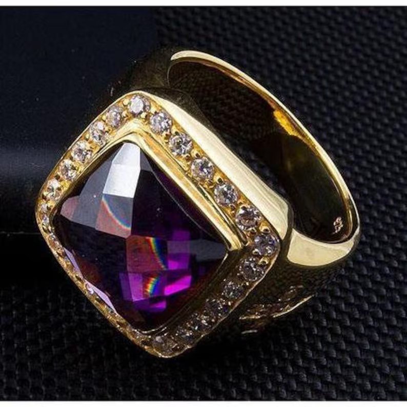 3.00 Ct Cushion Cut Simulated Amethyst Men's Bishop Ring 14K Yellow ...