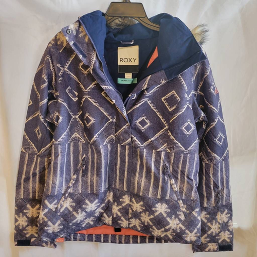Roxy Womens Jet Ski Snow Jacket Blue White Geometric Faux Fur Hood ...