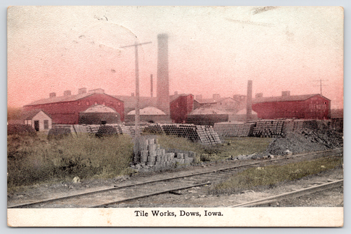 Dows IA Railroad Tracks Past Clay Tile Factory~Smokestack & Piles c1910 ...