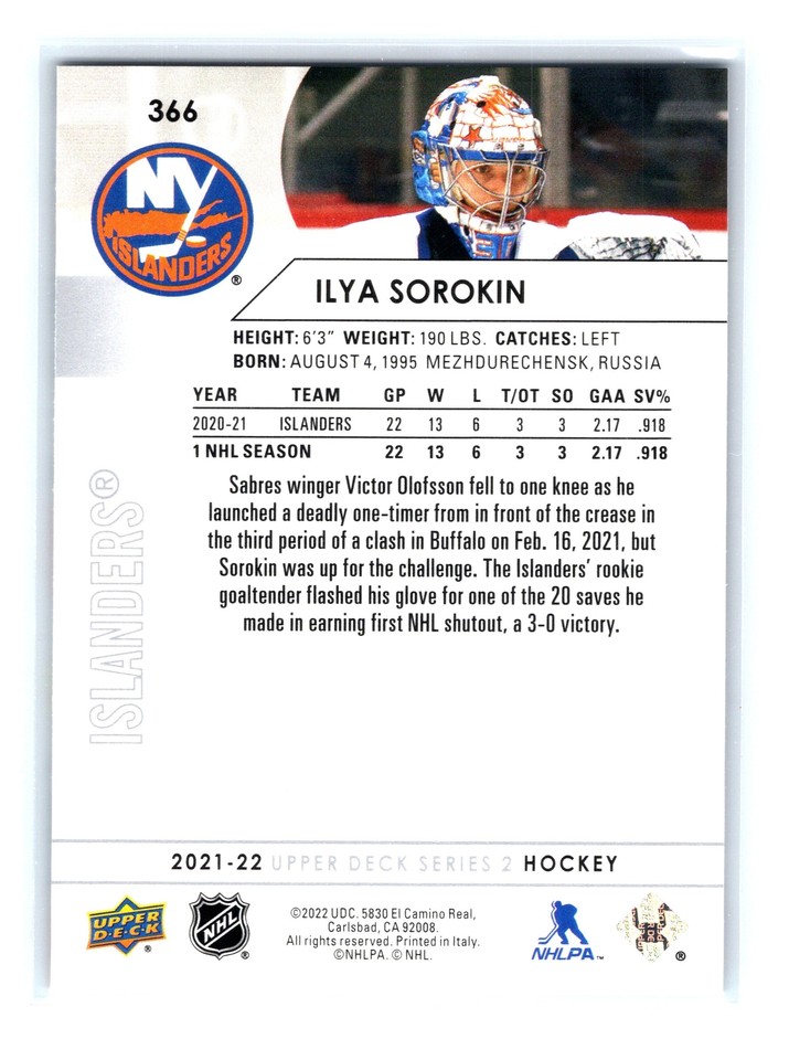 2021 22 Upper Deck Hockey 366 Ilya Sorokin New York Islanders Ebay 9722