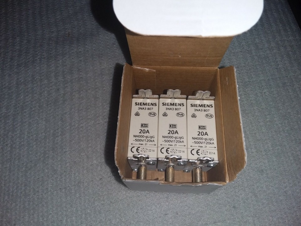 Siemens 3NA3 807 Fuse Link, 20A 500V 120kA, BOX OF 3 | eBay