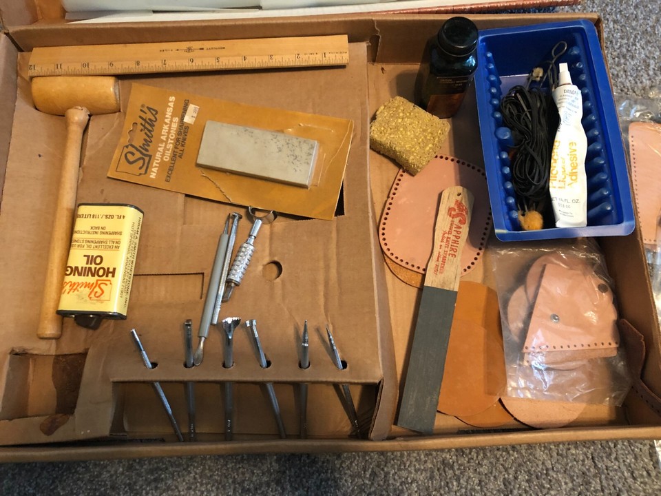 Used Vintage Tandy Leather Craft Kit- tools-hammer-stencils- books-some ...