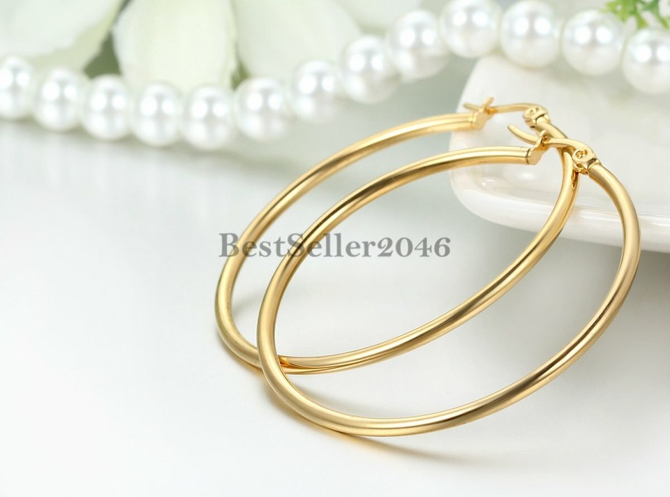 2pcs Women Girls Stainless Steel Big Large Circle Hoop Dangle Earrings ...