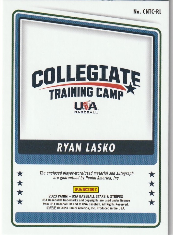 RYAN LASKO 2023 PANINI USA BASEBALL STARS & STRIPES AUTOGRAPH MATERIALS ...
