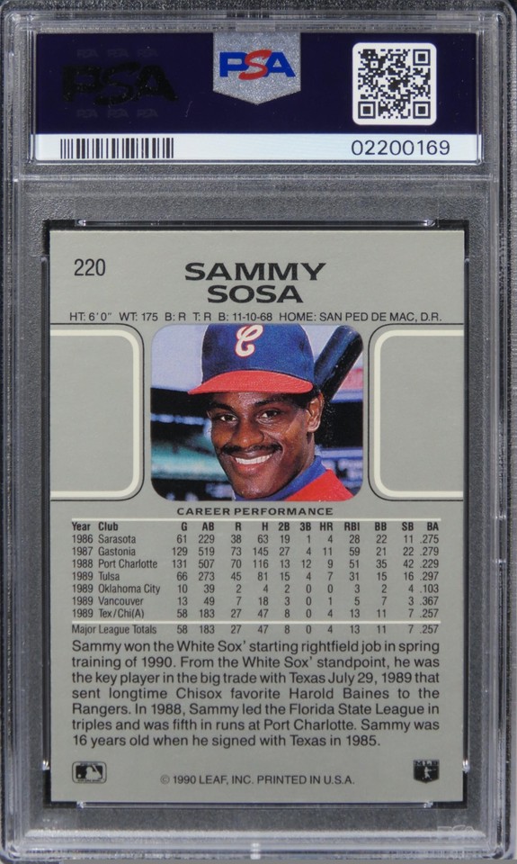 1990 Leaf Sammy Sosa Future HOF ROOKIE RC #220 PSA 9 MINT | eBay