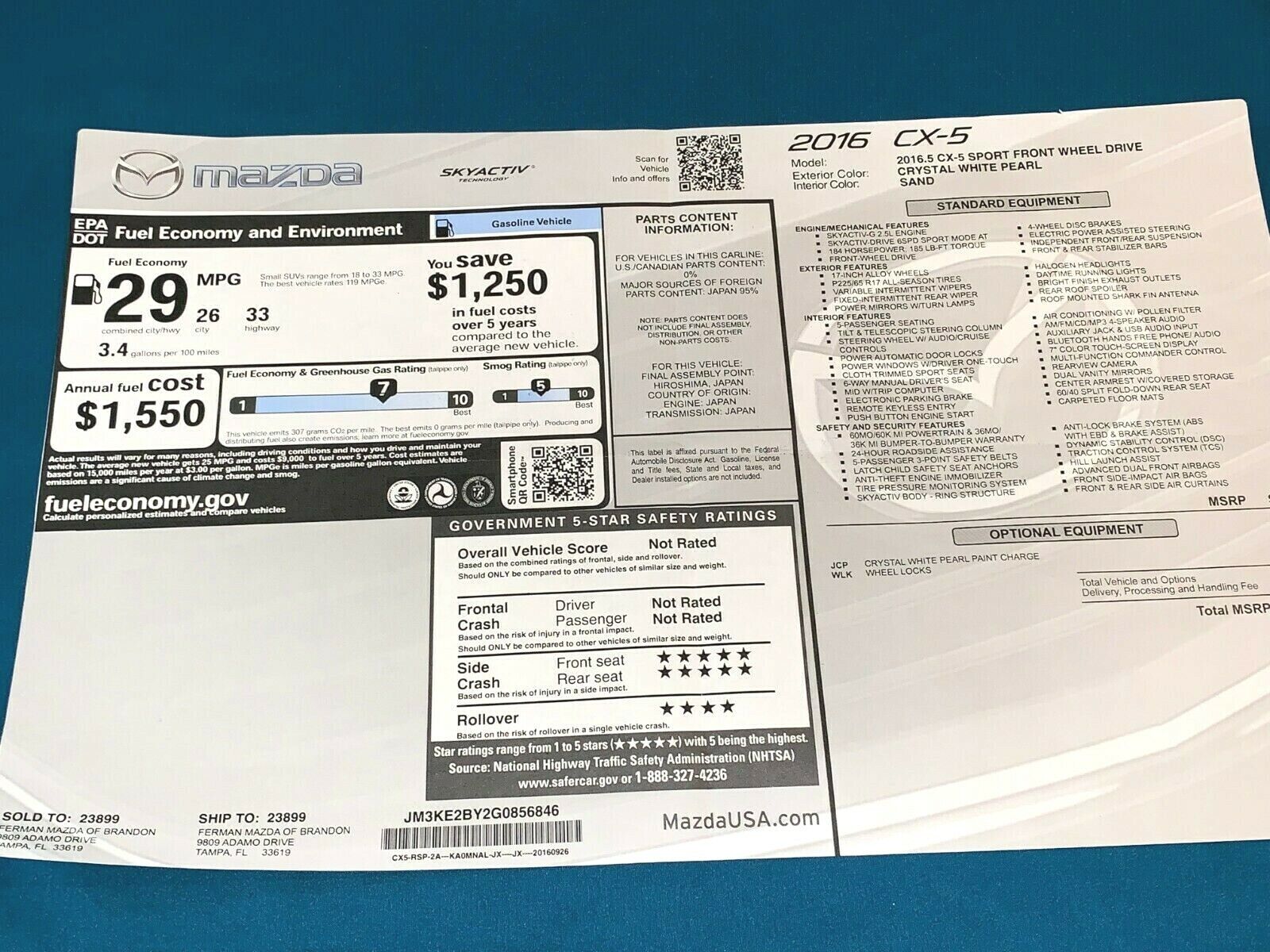 2016 Mazda CX-5 Sport Monroney Label Window Price Sticker