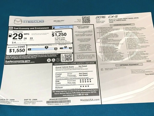 2016 Mazda CX-5 Sport Monroney Label Window Price Sticker