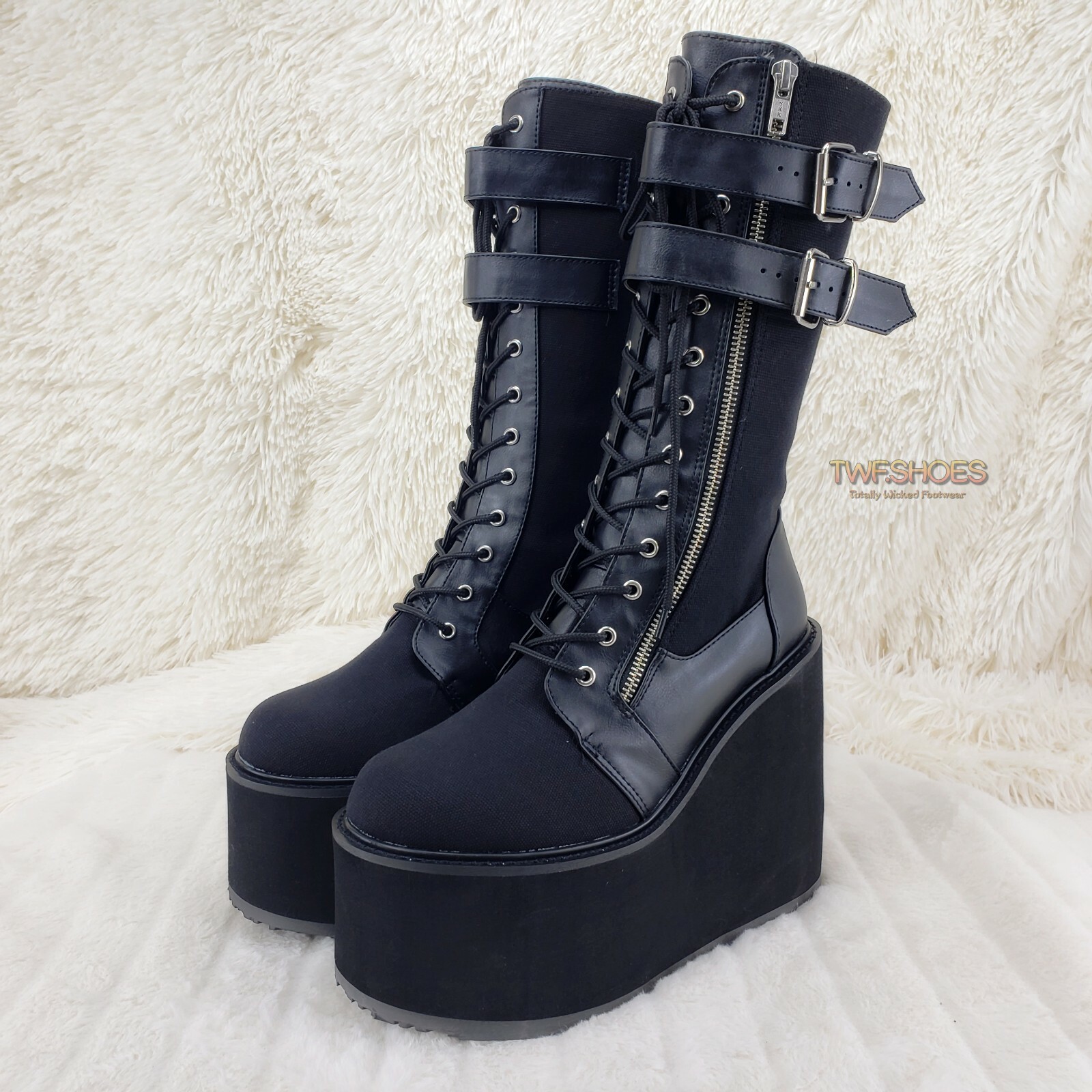 Swing 221 Black Canvas Goth Rave Knee Boot 5.5" Platform DEMONIA NY | eBay
