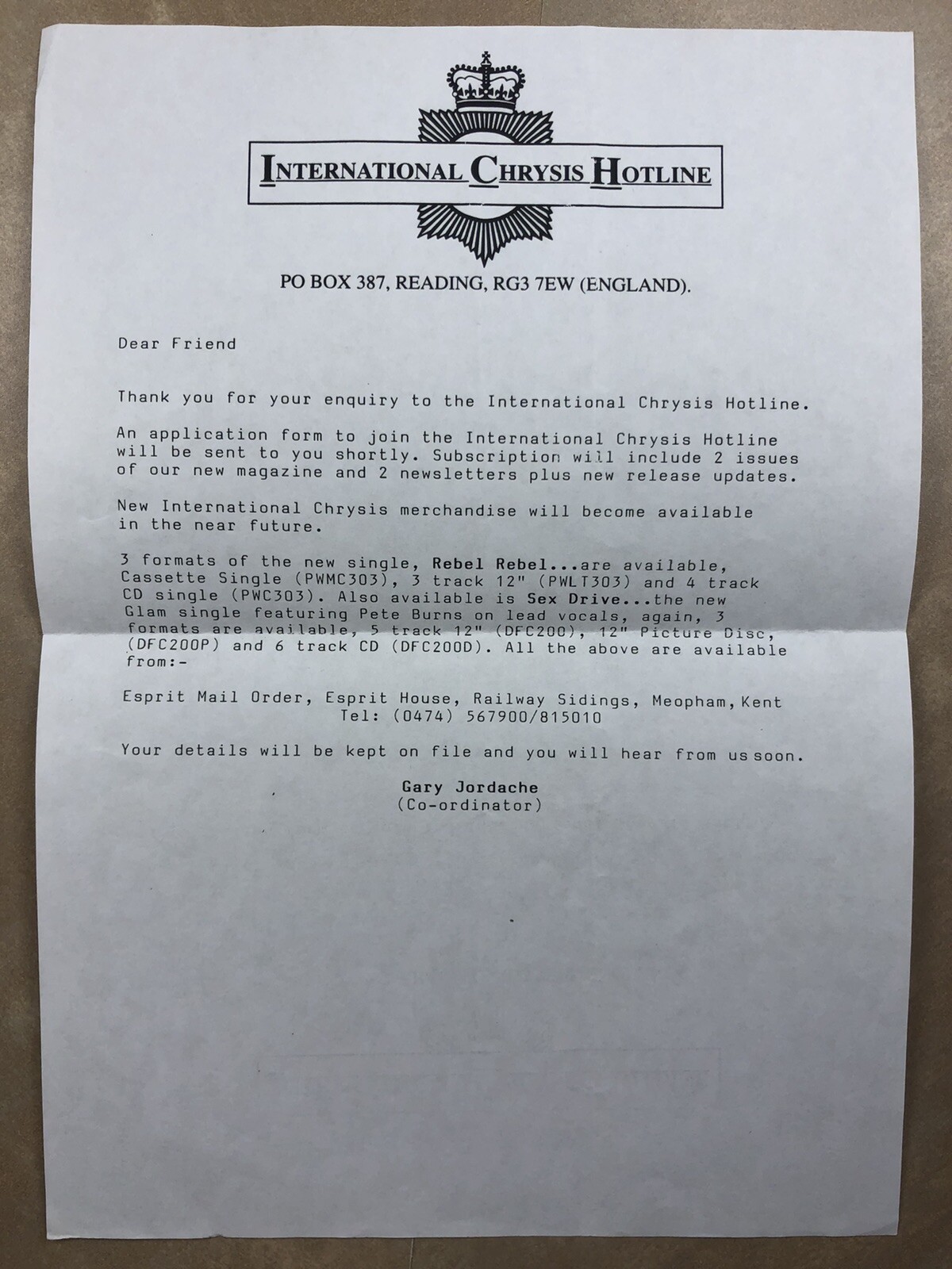 DEAD OR ALIVE/Pete Burns INTERNATIONAL CHRYSIS Hotline Application Form ...