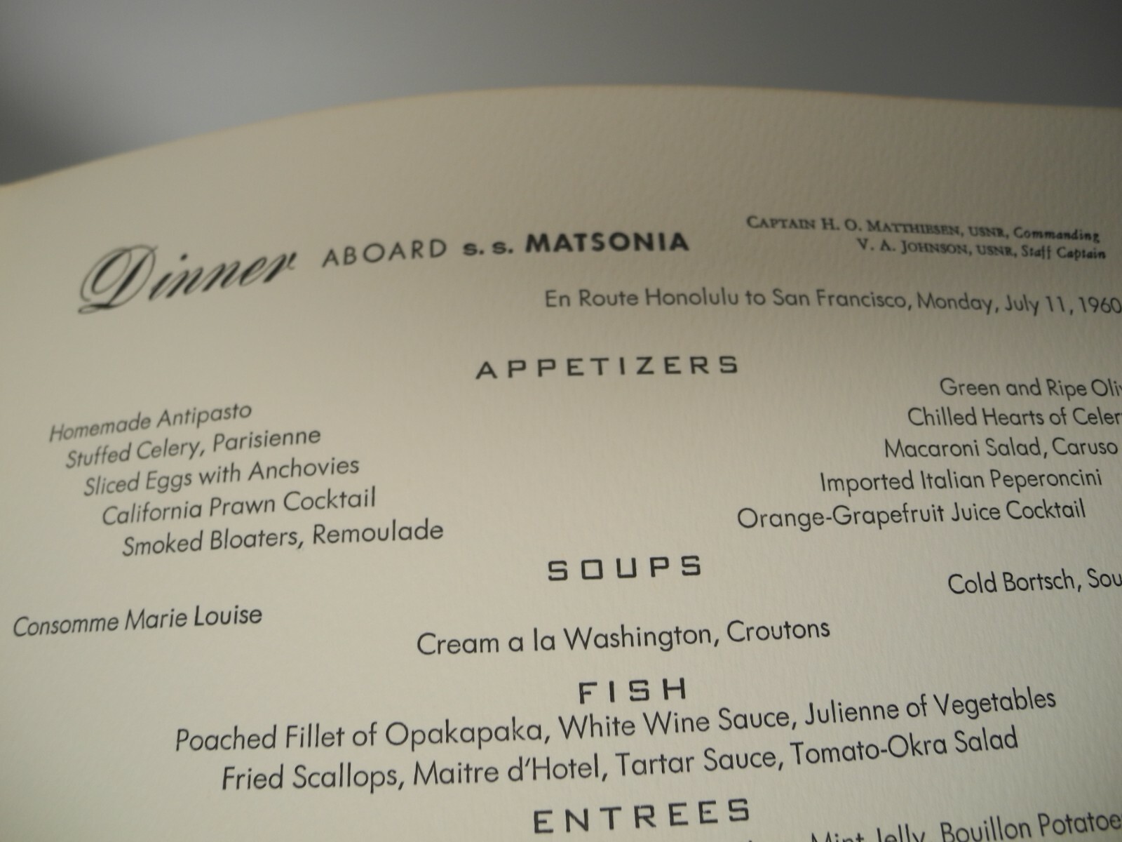 1960 Matson Lines Menu S.S. Matsonia Honolulu, Hawaii to SF July 11 ...