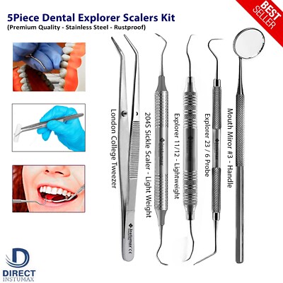 Dental Explorer Set: Scalers, Tooth Cleaning Pick, 204 Sickle, Probe ...