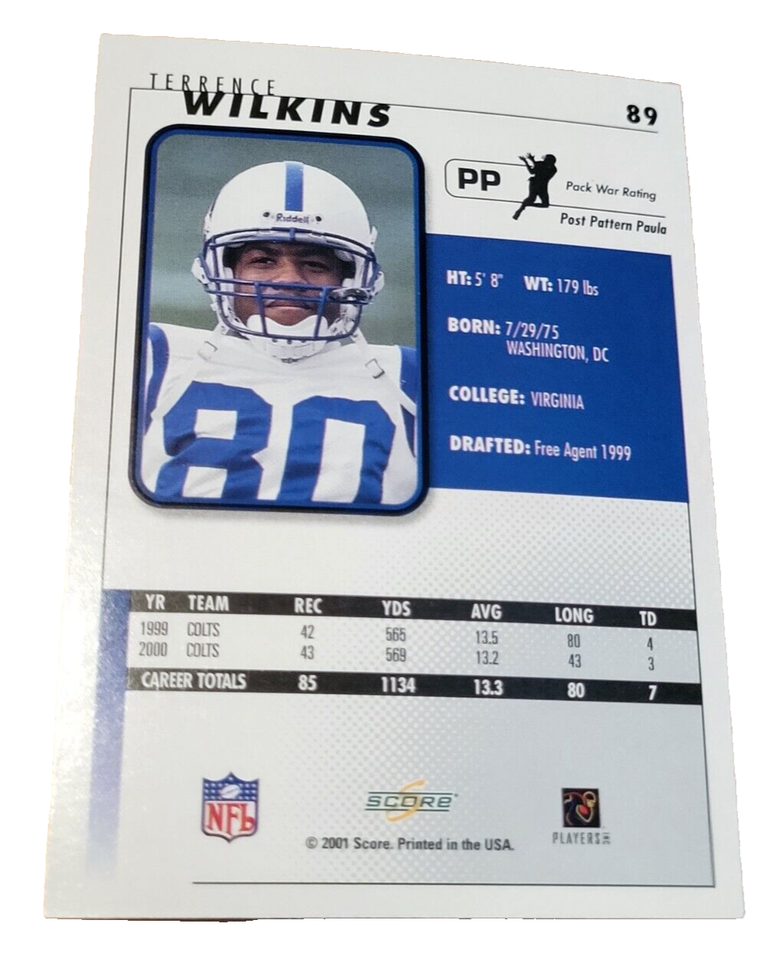 2001 Score #89 Terrence Wilkins Indianapolis Colts NFL Football Card ...