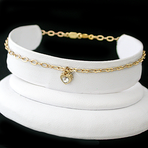 HEART CRYSTAL CHARM 11" Fancy OPEN link 14K GOLD EP Anklet Ankle Foot ...