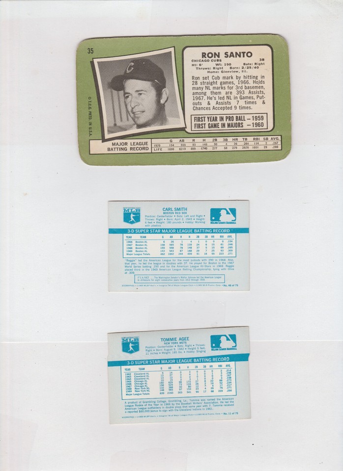 (3) 1971 TOPPS SUPER RON SANTO 35 LOT ($50) 1970 KELLOGG'S AGEE 11 METS ...