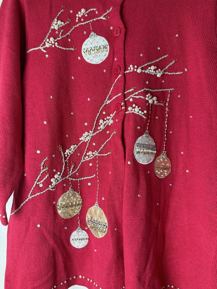 QUACKER FACTORY RED CHRISTMAS SWEATER PEARL ORNAMENTS EMBRODERED 3 ...