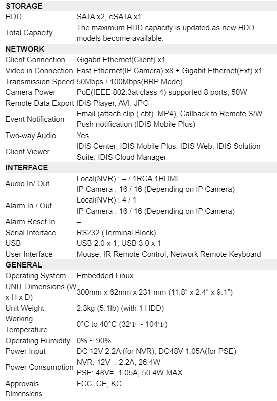 IDIS DR-2516P 4K NVR Recorder 8ch Built-in PoE + 1GBit Port, 1-eSATA H ...