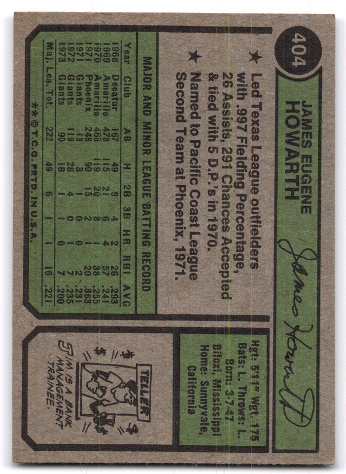 1974 Topps Jim Howarth San Francisco Giants #404 | eBay
