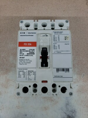 Eaton Cutler Hammer FD3020L 20 Aamp 3 Pole FD 35K Circuit Breaker | eBay