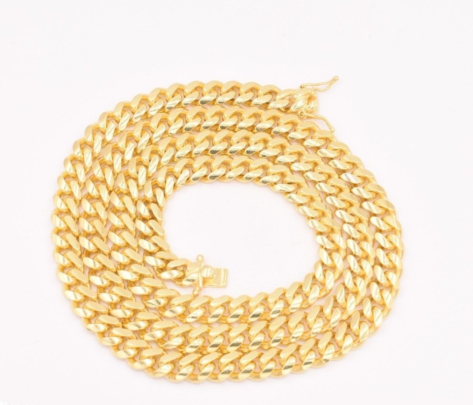9mm Miami Cuban Chain Box Lock Necklace Solid 14K Yellow Gold-Plated ...