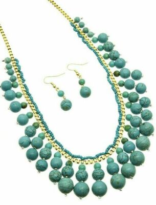 Turquoise Beaded Southwestern Western Cowgirl Rockabilly Gold Necklace ...