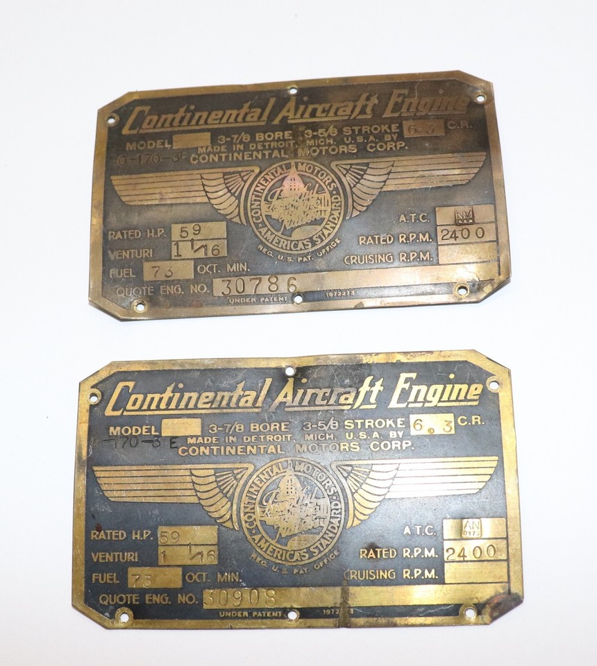 Original Continental O-170-3E Aircraft Engine Data Plate, Authentic ...