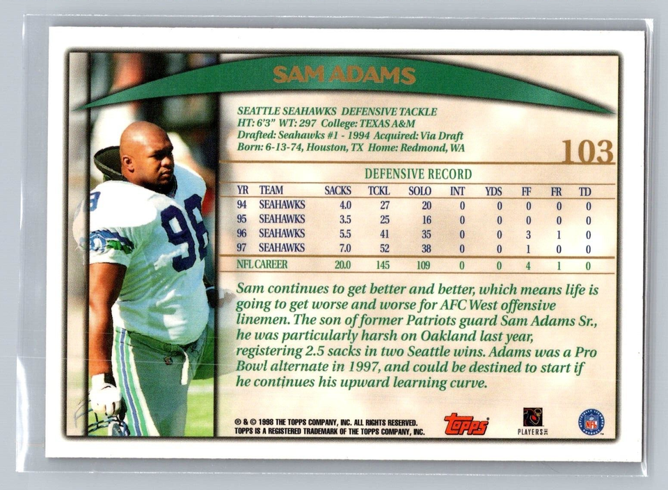 1998 TOPPS CARD # 103 Sam Adams - Seattle Seahawks | eBay