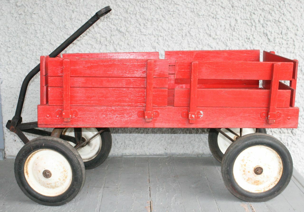 Large Vintage Red Wagon with Wood Slats | eBay