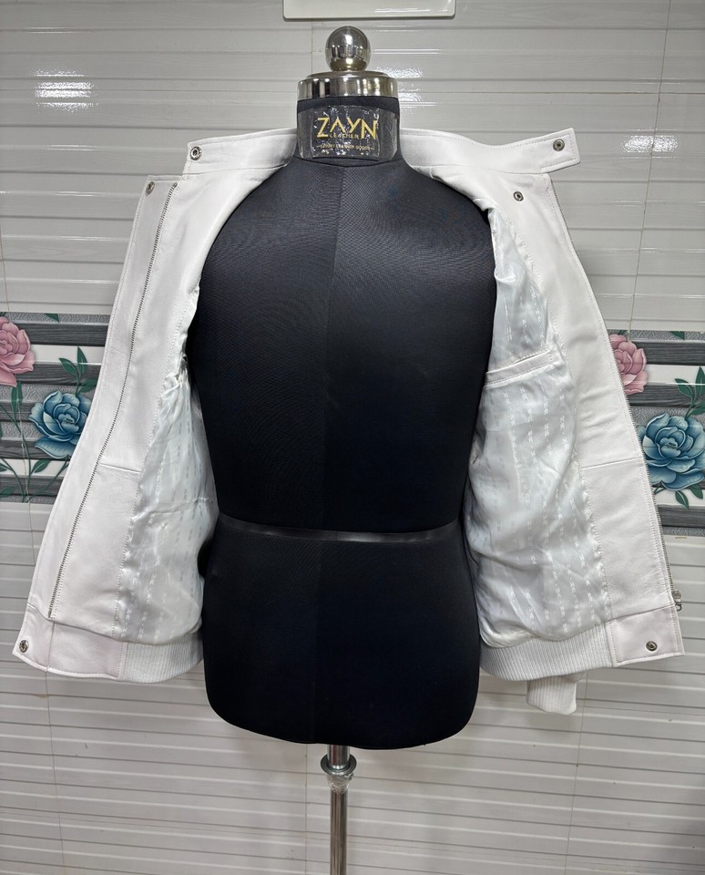 Men's Pure White Leather Bomber Jacket Real Lambskin Leather Classic ...
