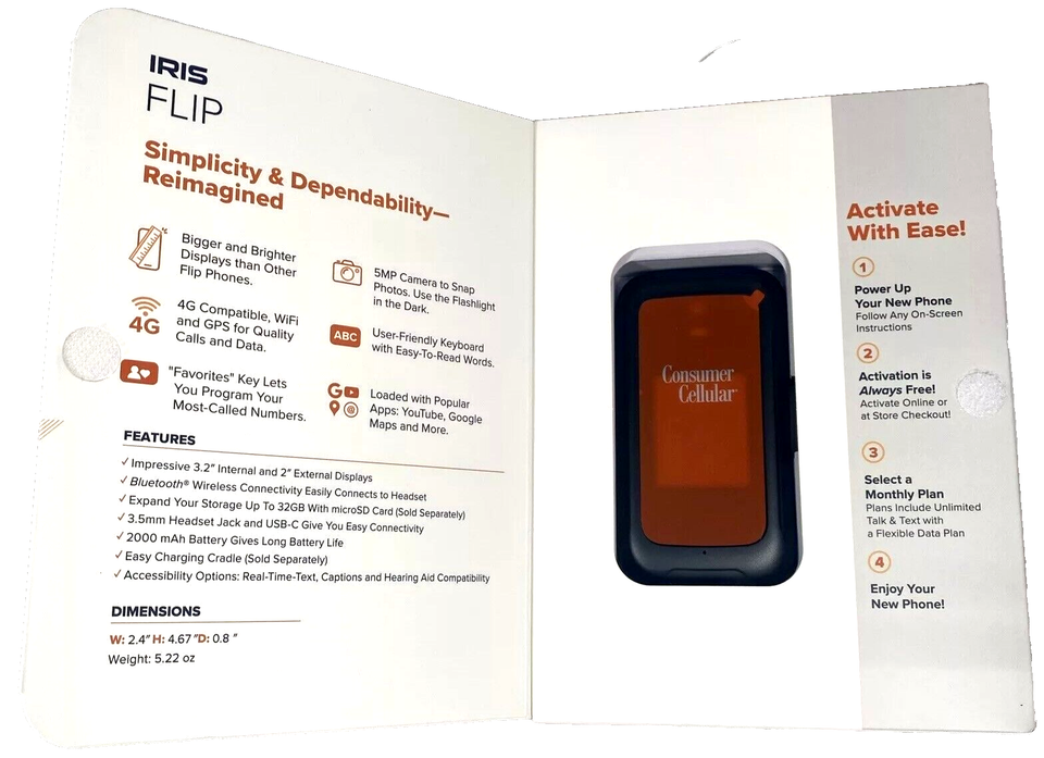 New Consumer Cellular Iris Flip Phone (8GB) 5.0MP Camera 4G LTE- Black ...