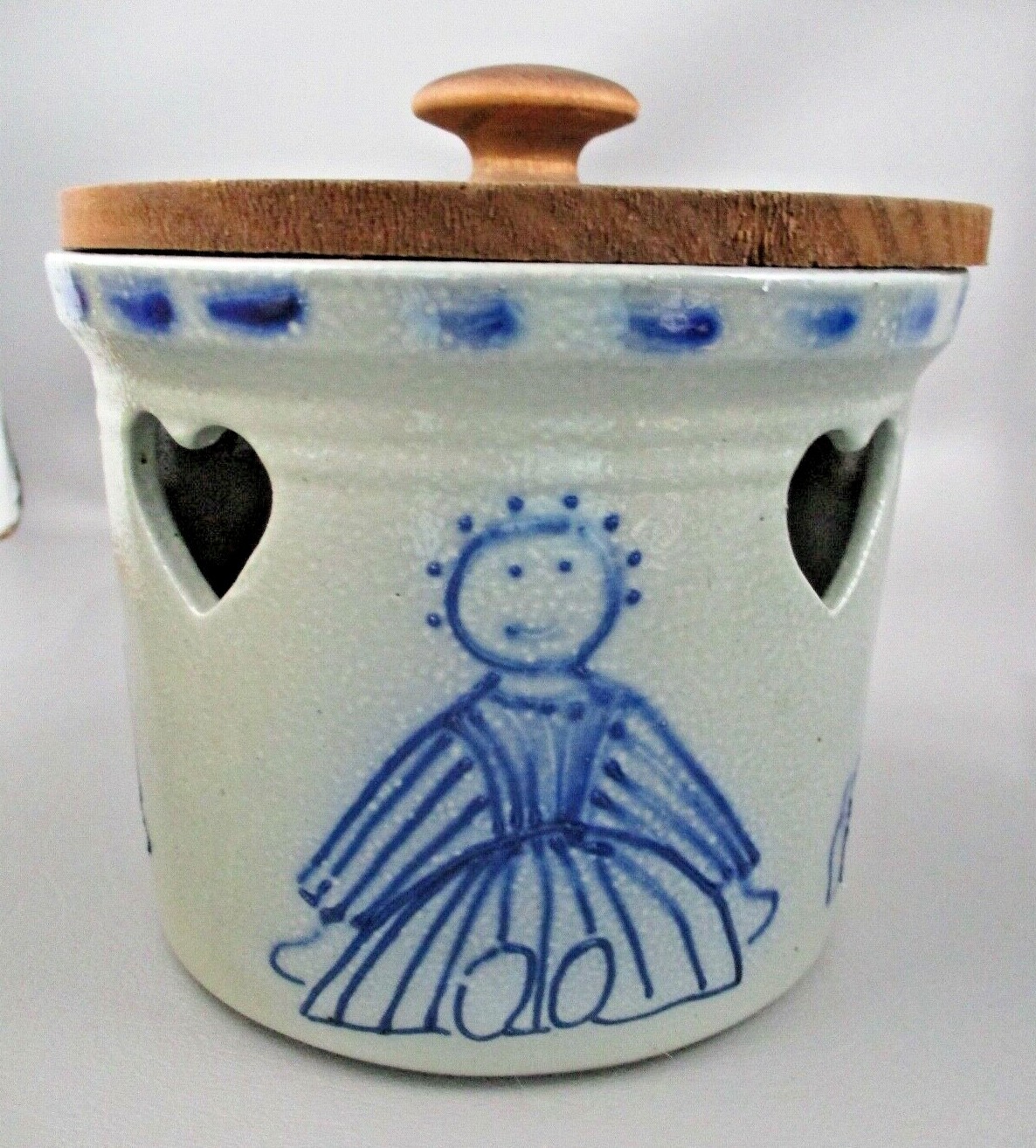 DAVID ELDRETH Pottery Blue & White SALT GLAZED CROCK With WOODEN LID ...