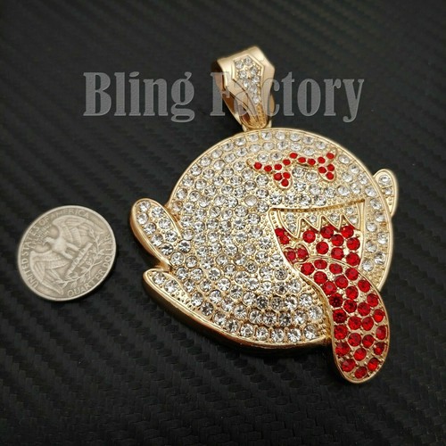 Gold Plated Mario Ghost Boo Pendant & Iced Cuban Cubic Zirconia Chain ...