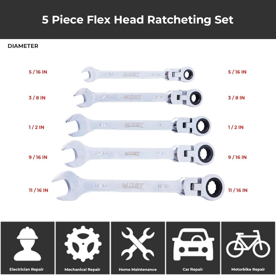 5 piece Anti Slip Speed Wrench Set CR-V Steel Combination Ratchet SAE ...
