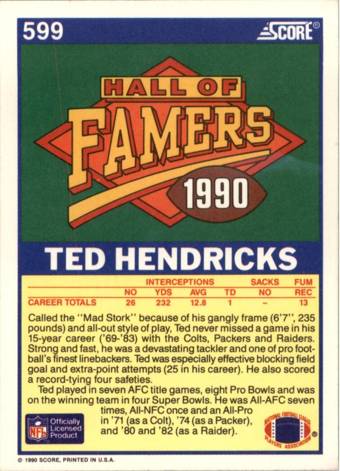 1990 Score #599 Ted Hendricks Oakland Raiders HOF Football Base Card ...