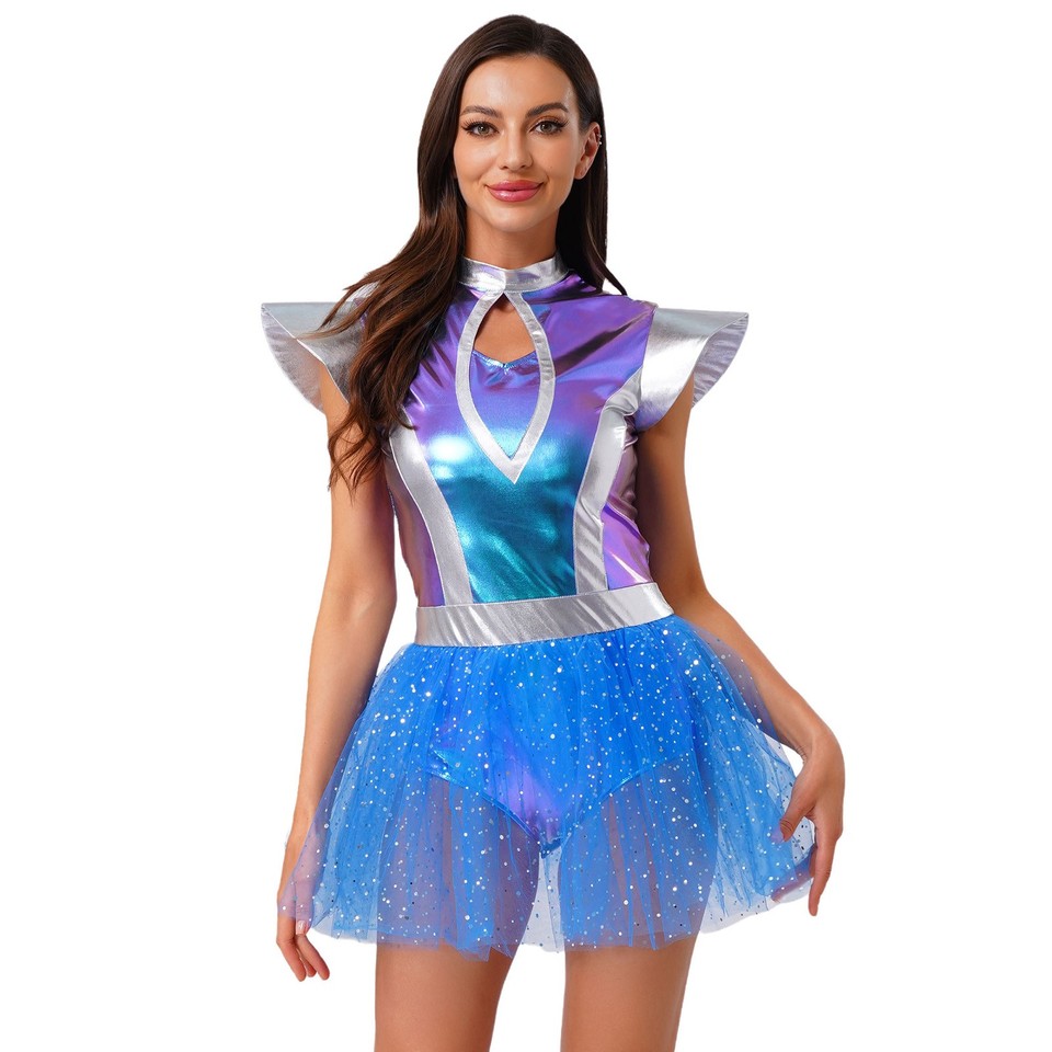Women's Shiny Metallic Alien Costume Fly Sleeve Cut Out Tulle Hem ...