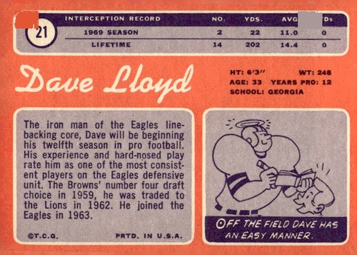 1970 Topps #21 Dave Lloyd Philadelphia Eagles NM-MT or Better! PACK ...