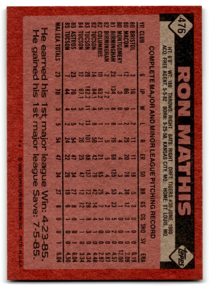 1986 Topps Ron Mathis Rookie Houston Astros #476 | eBay