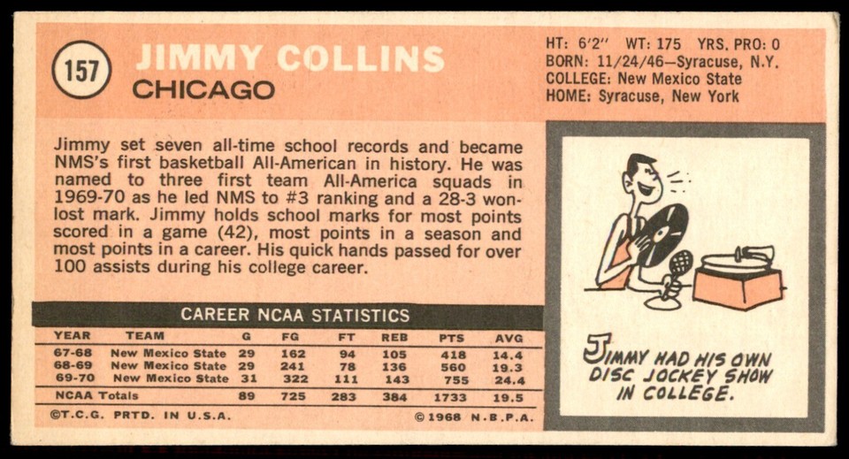 1970-71 Topps Basketball Jimmy Collins (F) RC Chicago Bulls #157 | eBay