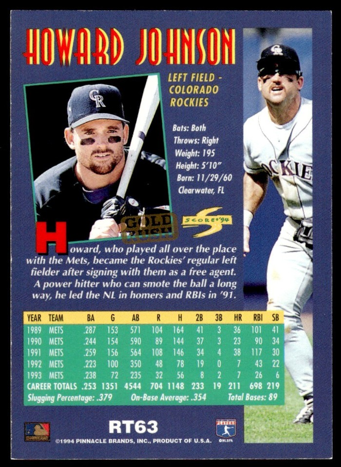 1994 Score Gold Rush Baseball Howard Johnson Auto Colorado Rockies # ...