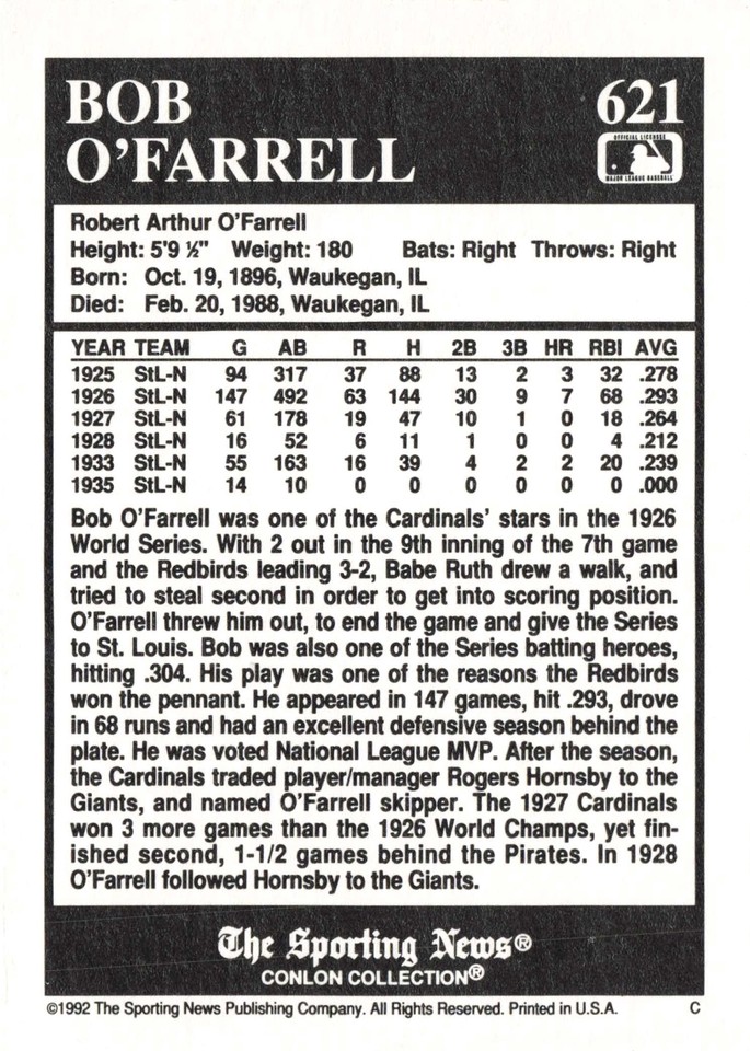 Bob O'Farrell #621 1992 Conlon Collection TSN St. Louis Cardinals | eBay