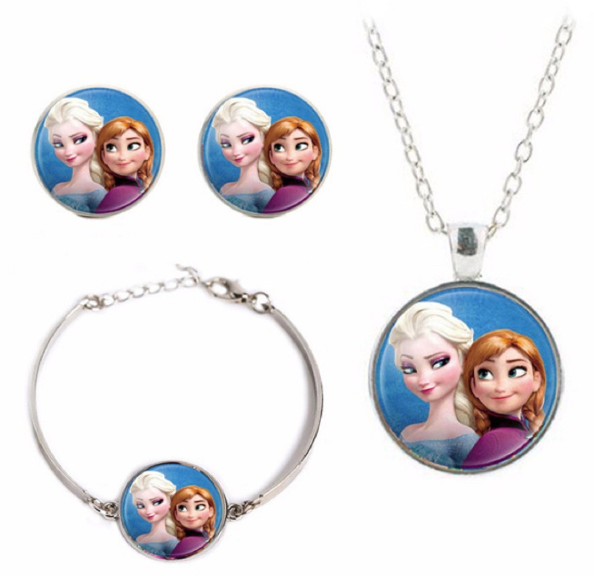 Elsa & Anna Princess Glass Domed Pendant Necklace, Earring, Braclet ...