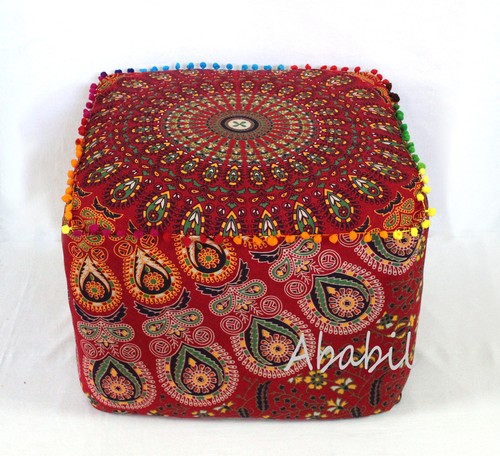 22" Indian Cotton Square Pouf Cover Red Multi Mandala Ottoman Foot ...
