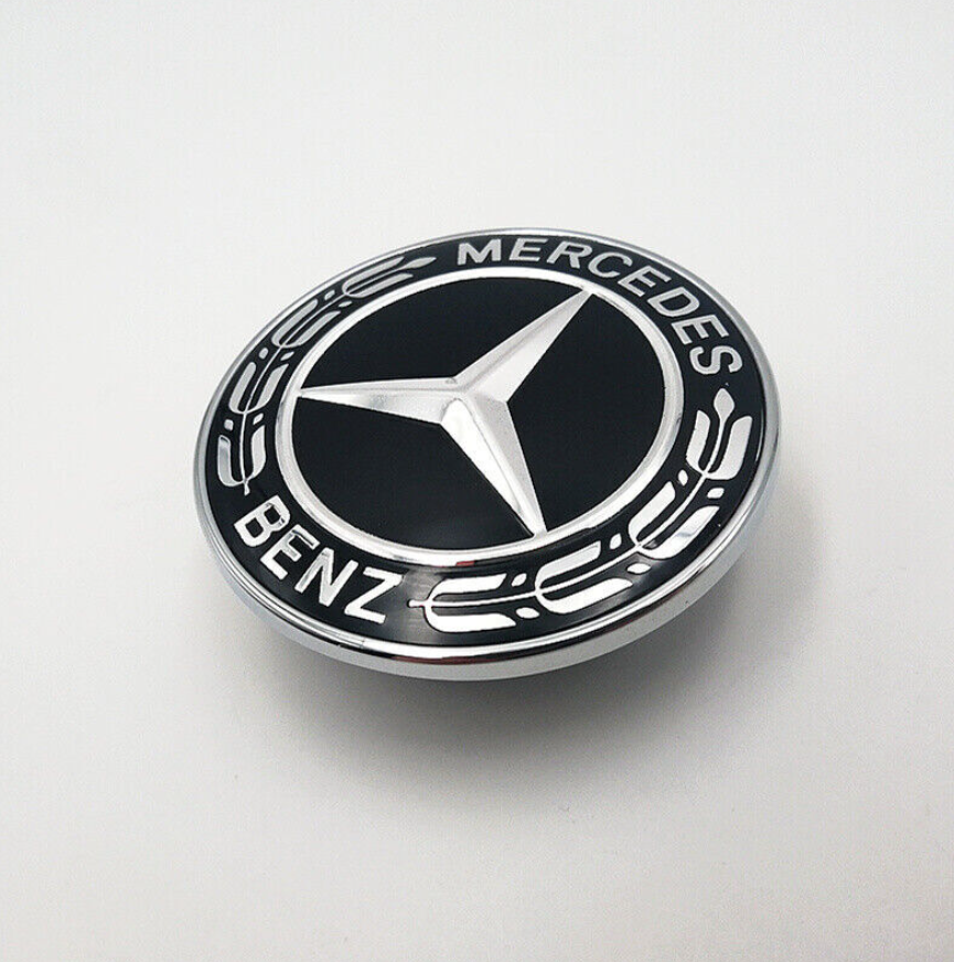 For Mercedes Hood Emblem Classic Black Front Flat Laurel Wreath Badge ...