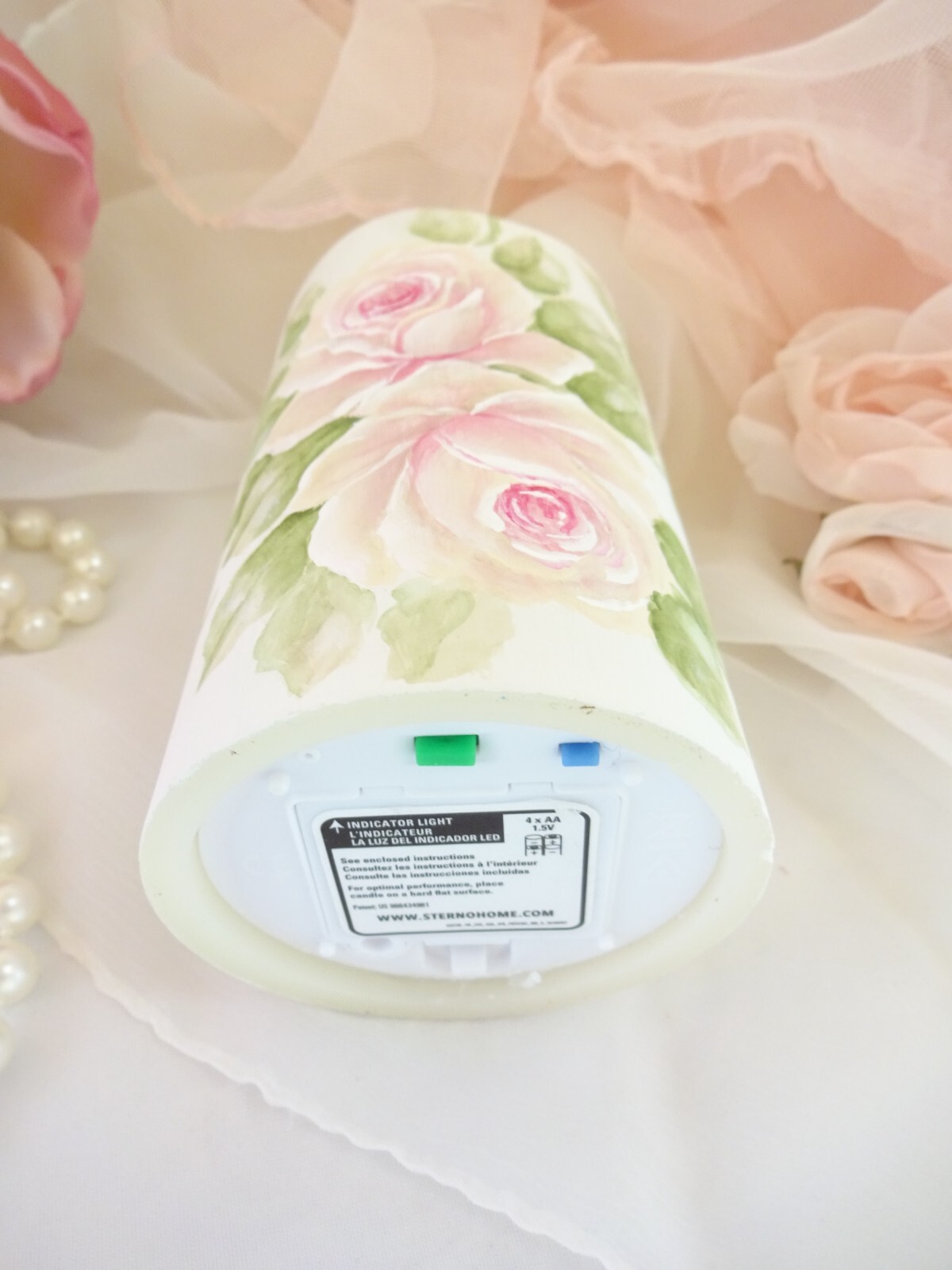 PINK ROSES BO TIMER PILLAR CANDLE Hand Painted DAS hp chic shabby ...