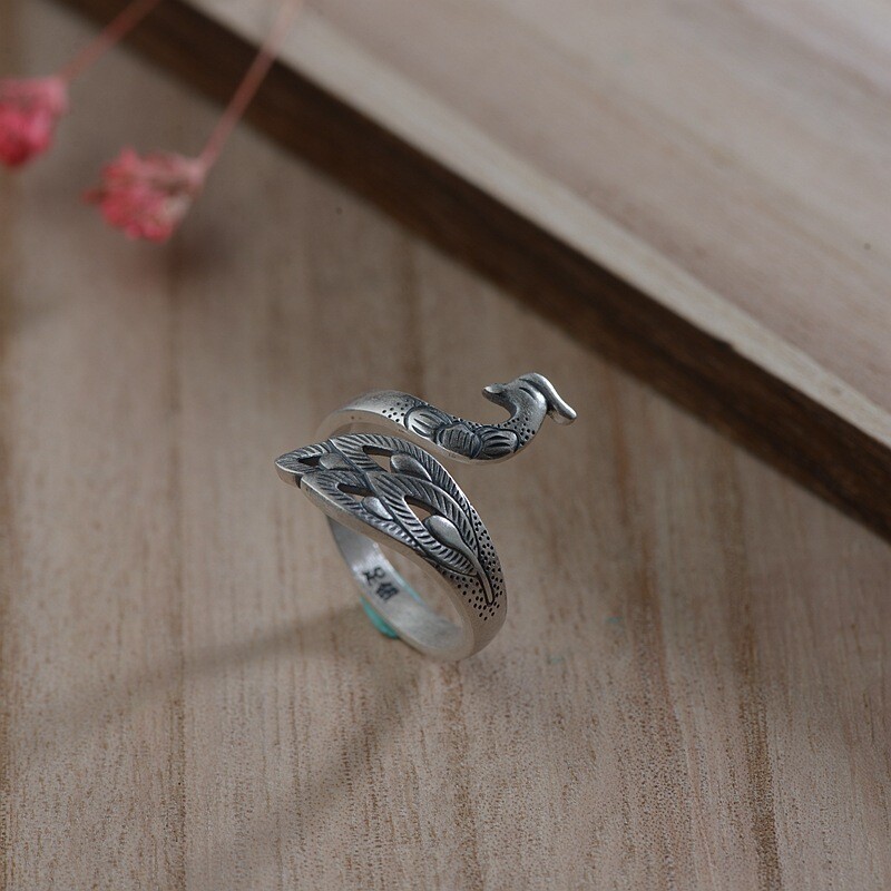 Pure S925 Sterling Silver Band Women Phoenix Adjustable Opening Ring US ...