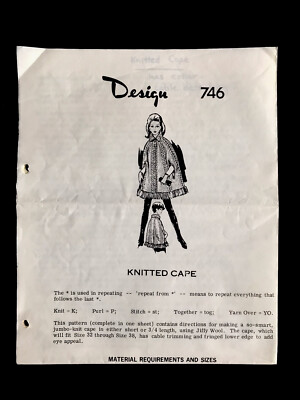Vintage Mail Order Knitted Cape Pattern Design 746 Instructions Alice ...