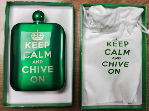 Keep Calm and Chive On Green Flask w/ Bag | eBay
