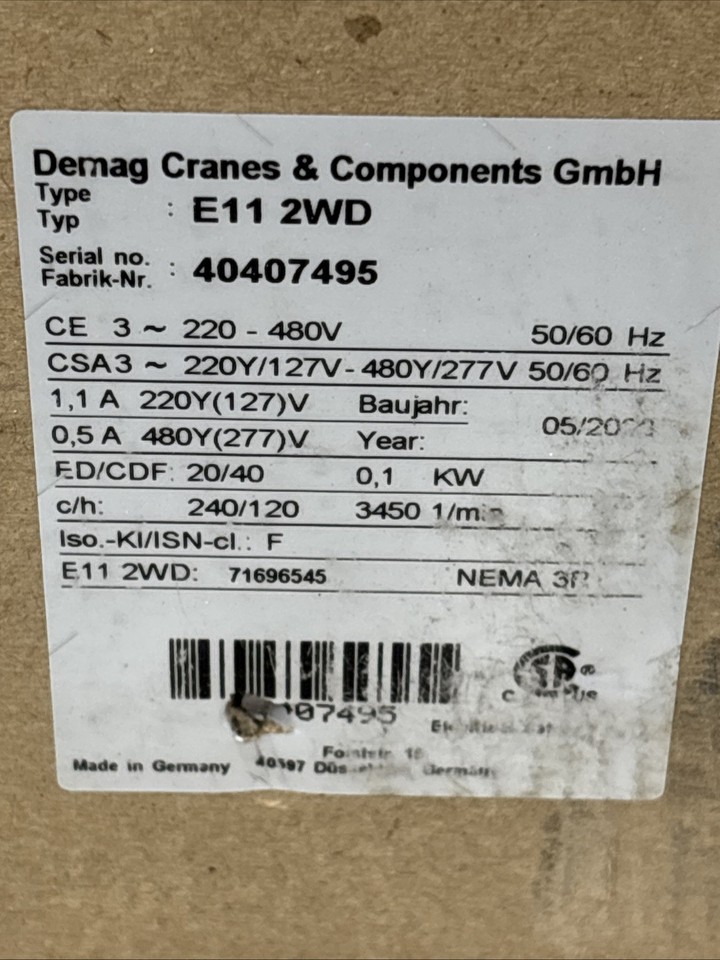 NEW Demag 71690045 / E11 2WD Electric Travel Drive; 208-480V, 50/60Hz ...